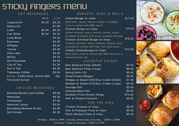 Breakfast, Lunch & Dinner. Barista Coffee - Sticky Fingers Cafe